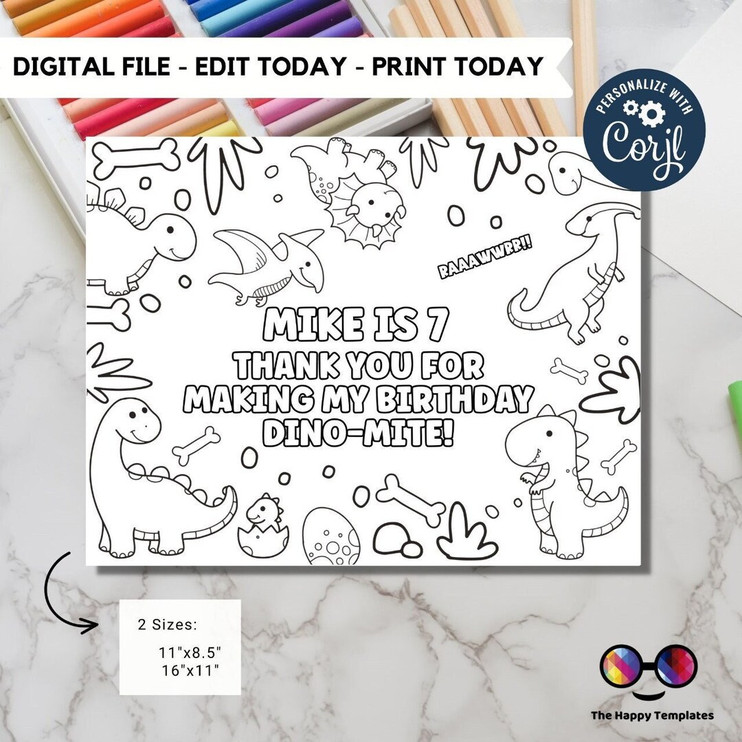 Dinosaur Party Activity | Editable Placemat Coloring Page | Fun for Any ...