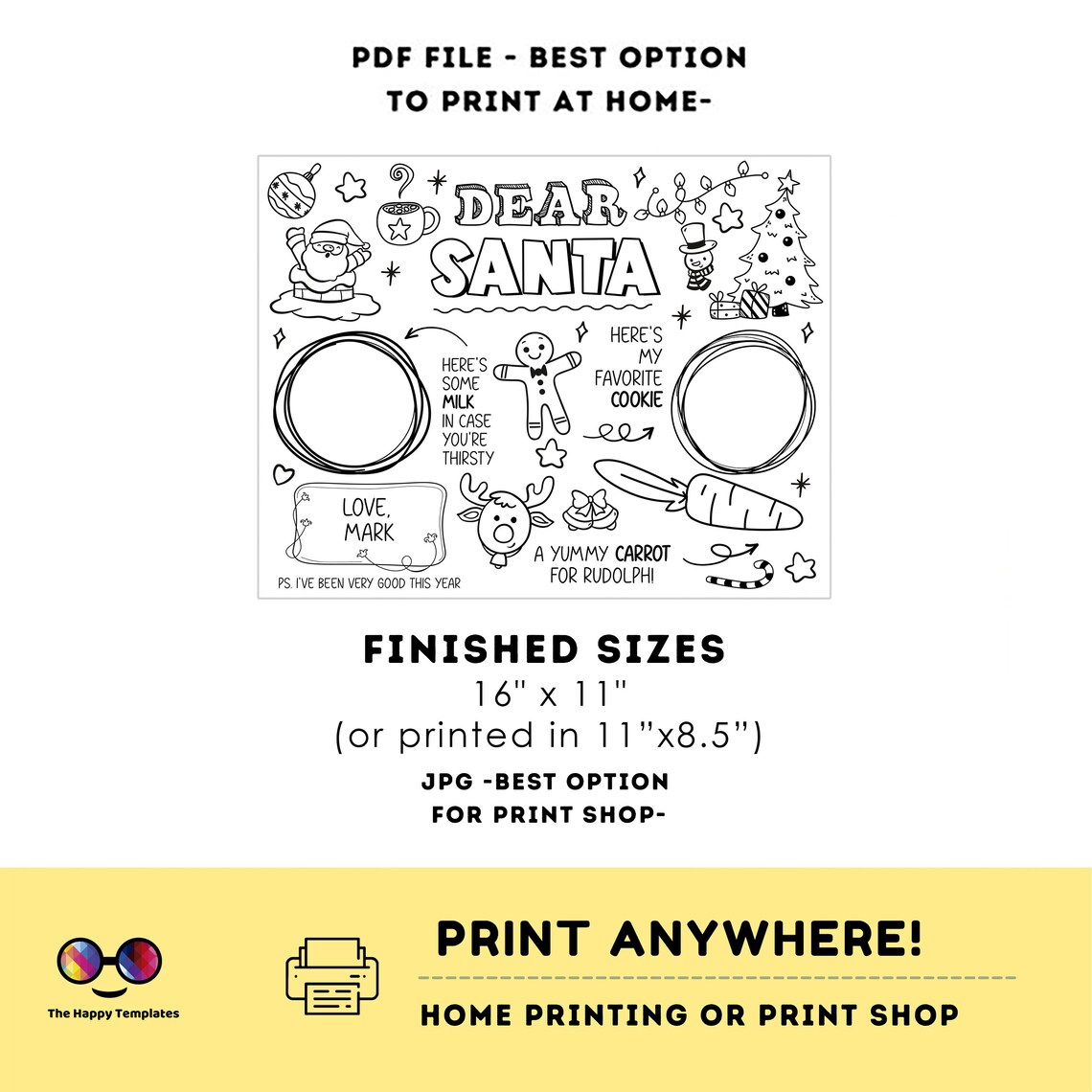 Editable Santa Cookie Tray Placemat Coloring Page | Placemat Coloring ...