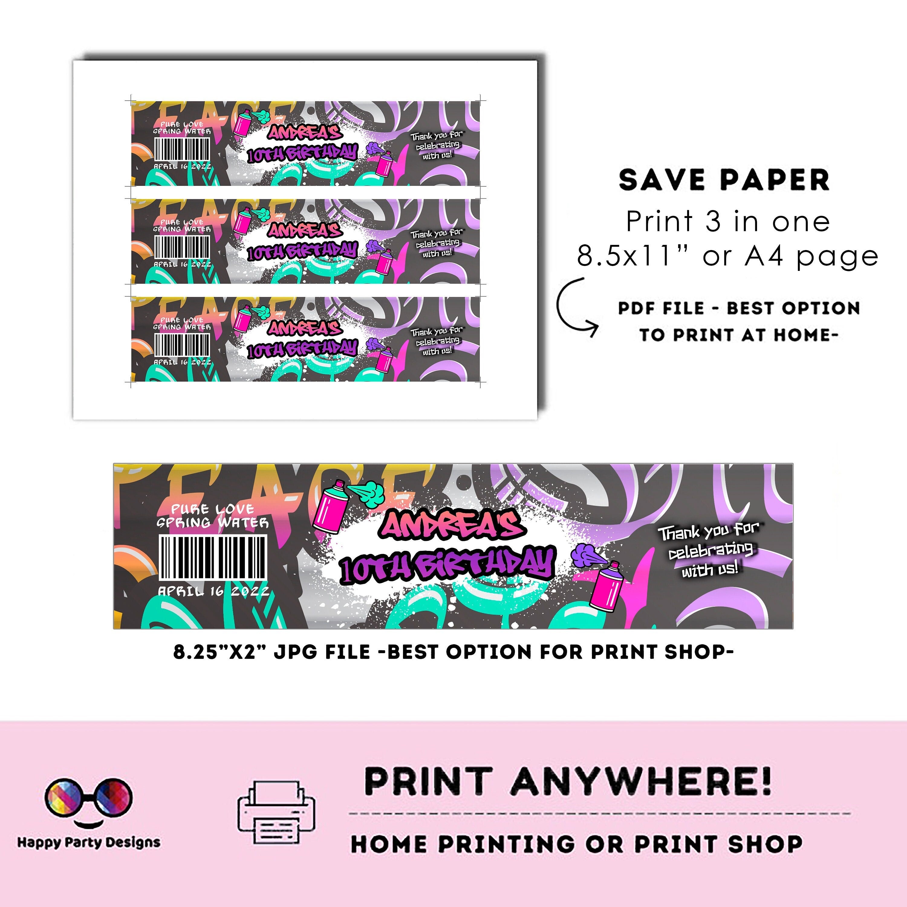 Editable Graffiti Water Bottle Labels | Digital Labels | Printable ...