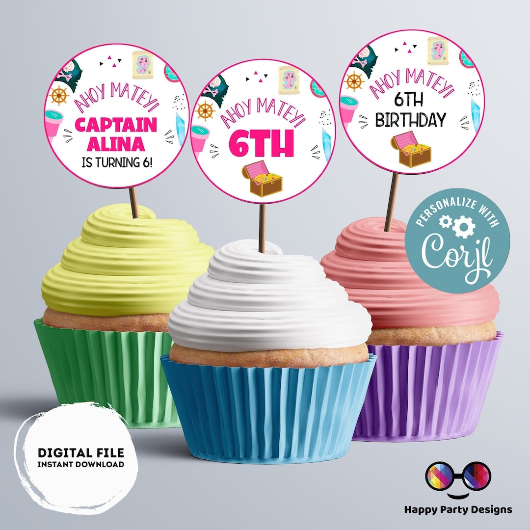 EDITABLE Pirates Round Cupcake Toppers |pirates Party | Birthday Girl ...