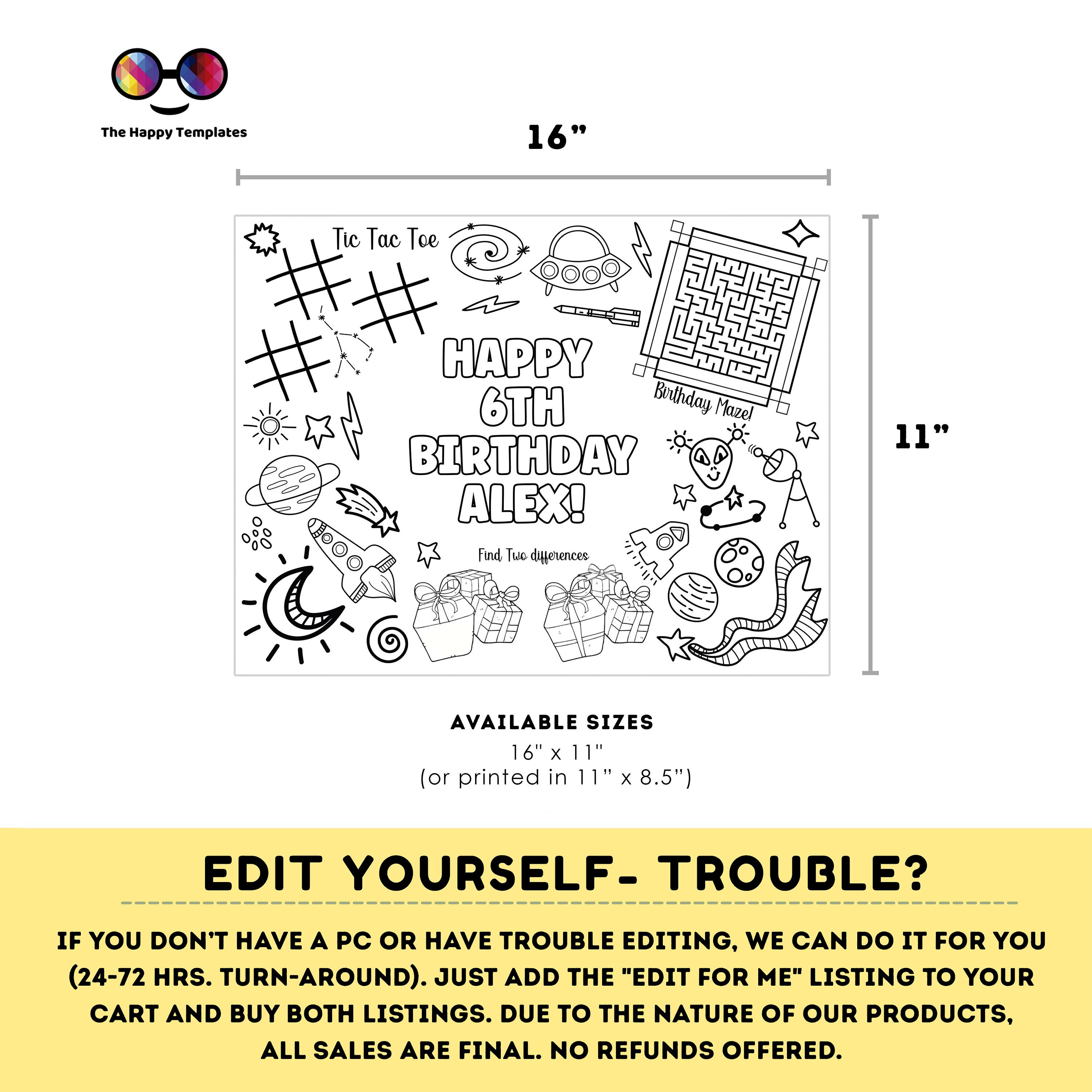 Editable Space Games Coloring Page Placemat Coloring Page - Etsy