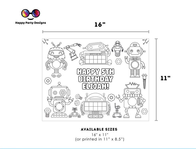 Editable Robots Birthday Coloring Page | Placemat Coloring Page | Any ...