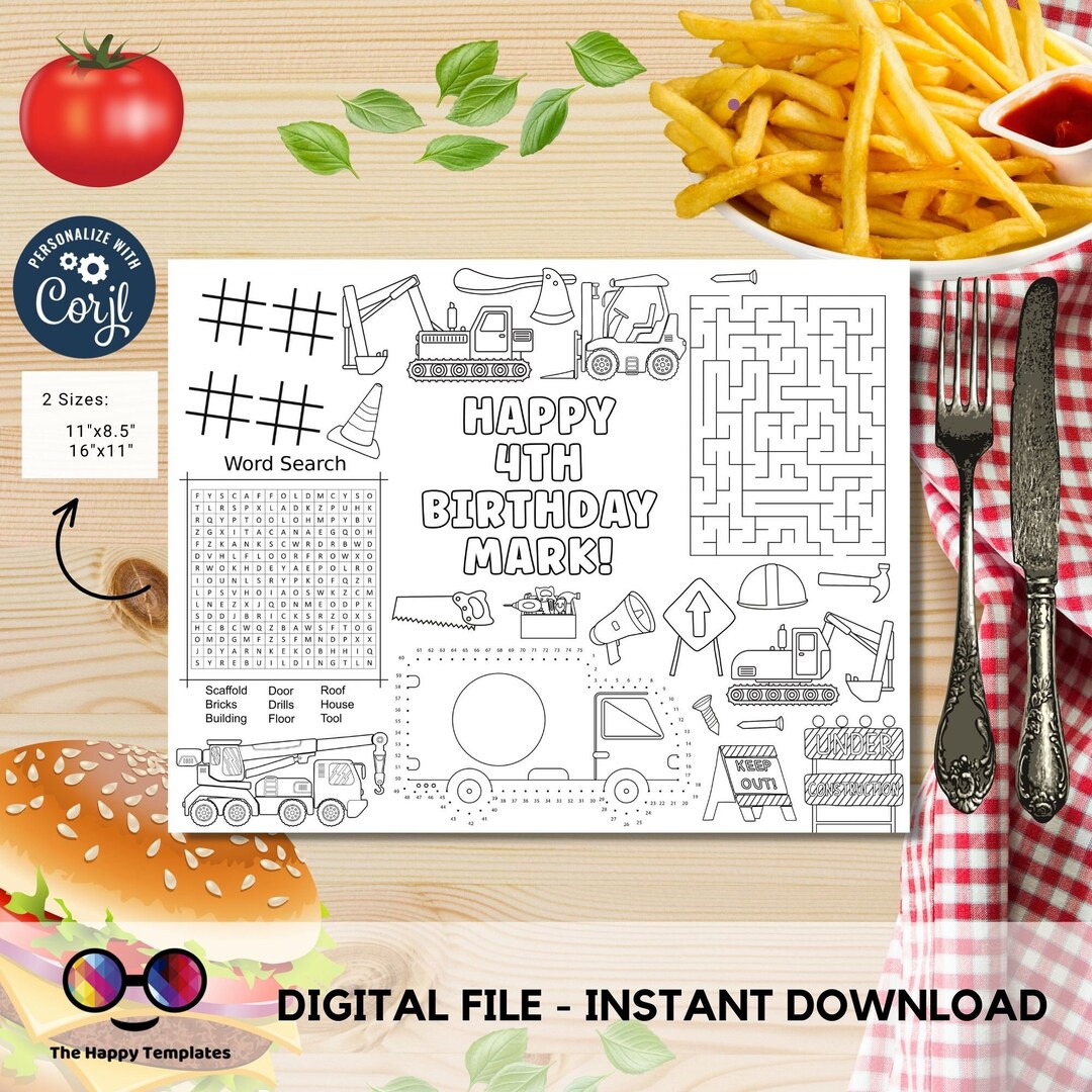 Editable Construction Activity Coloring Page | Placemat Coloring Page ...