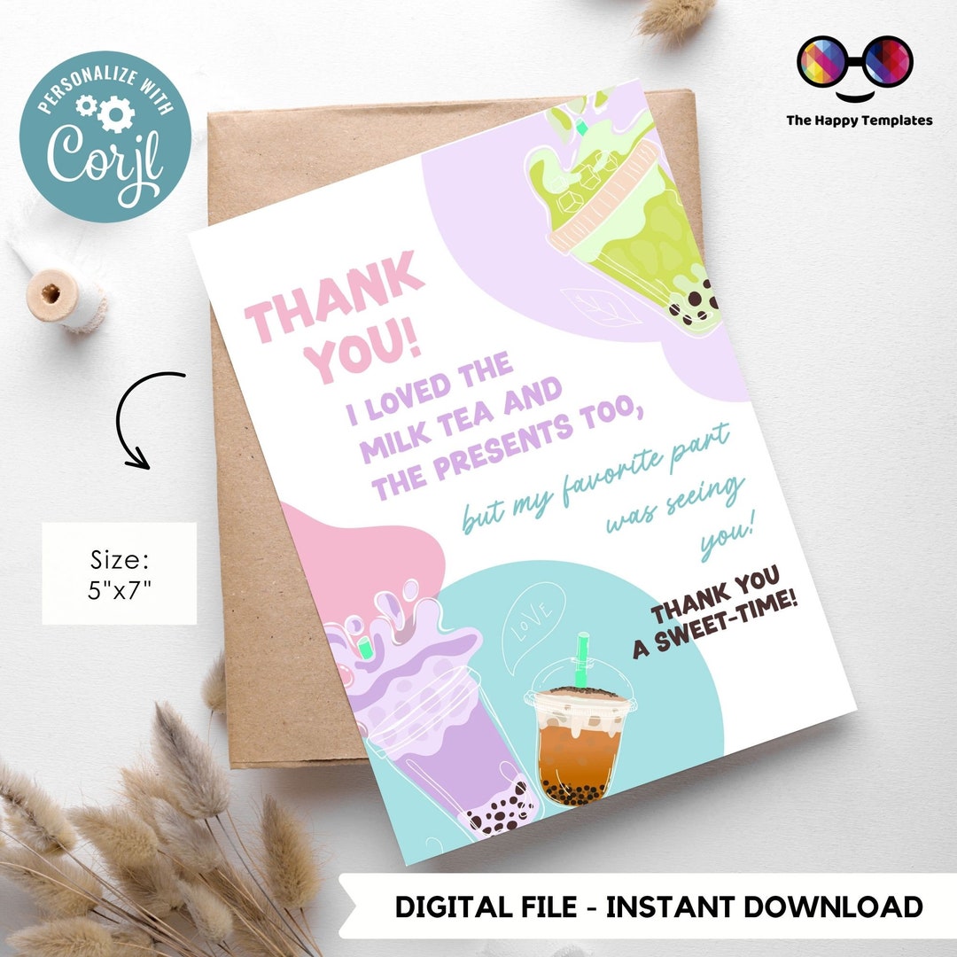 Printable Bubble Tea Thank You Card | Bobba Tea | Baby Shower | Folded ...
