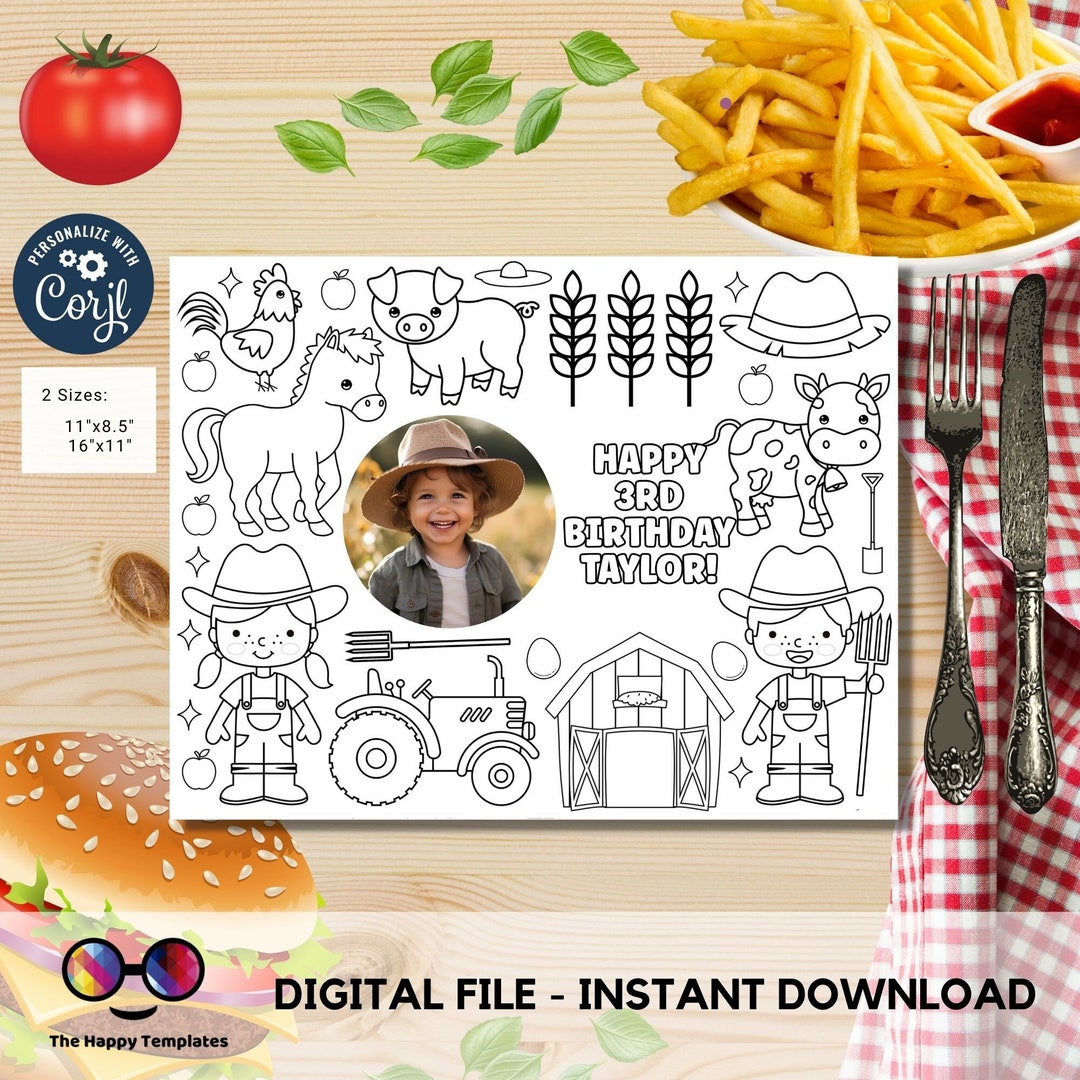 Editable Farm Kids Coloring Page With Picture | Farm Birthday Placemat ...