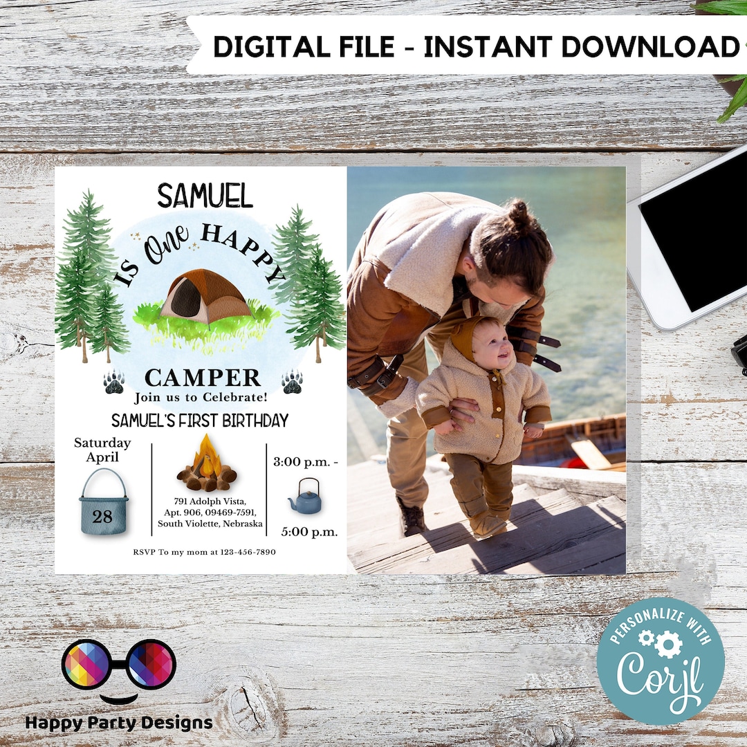 Editable Happy Camper Birthday Photo Invitation | One Happy Camper ...