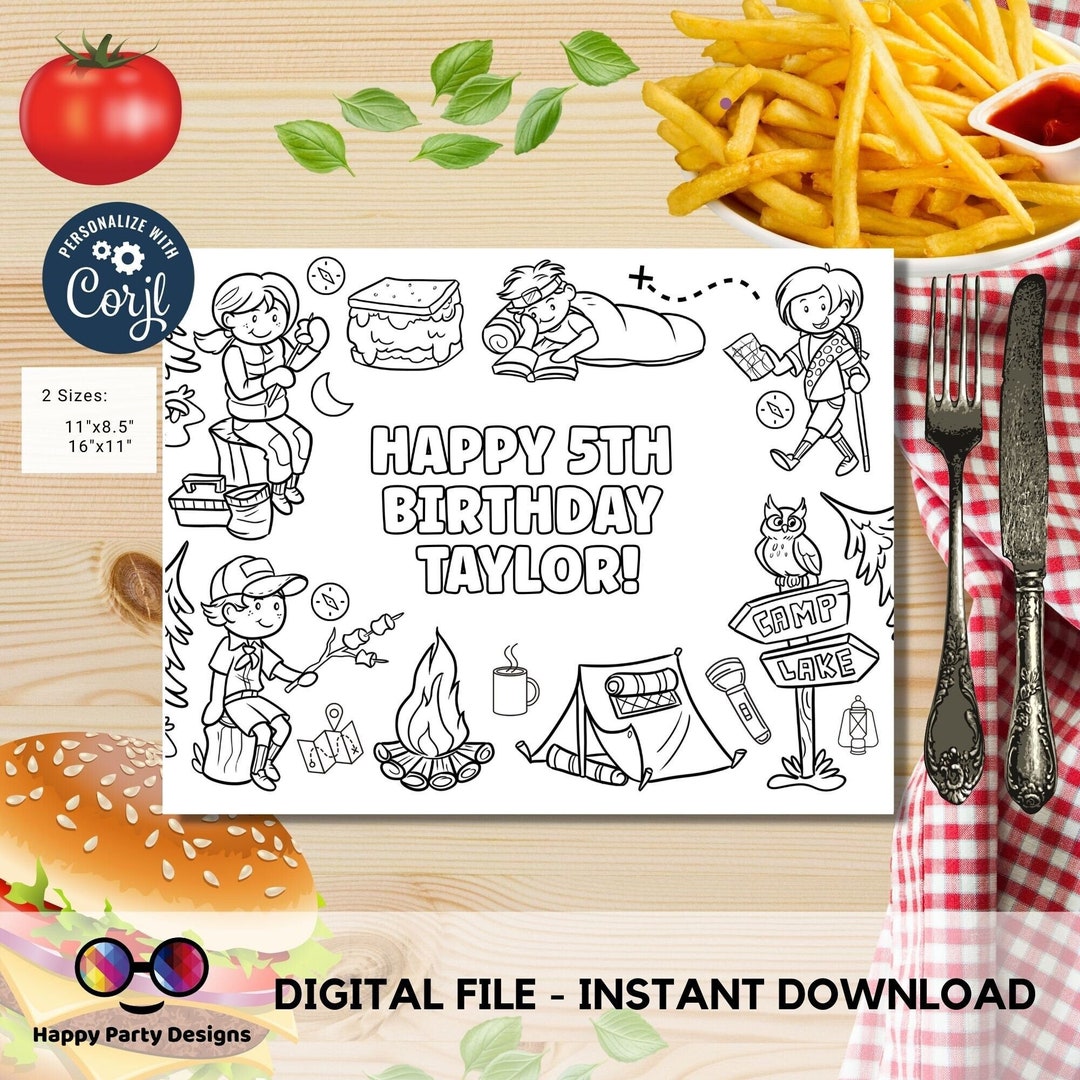 Editable Camping Birthday Coloring Page Placemat Coloring Page Any Age ...