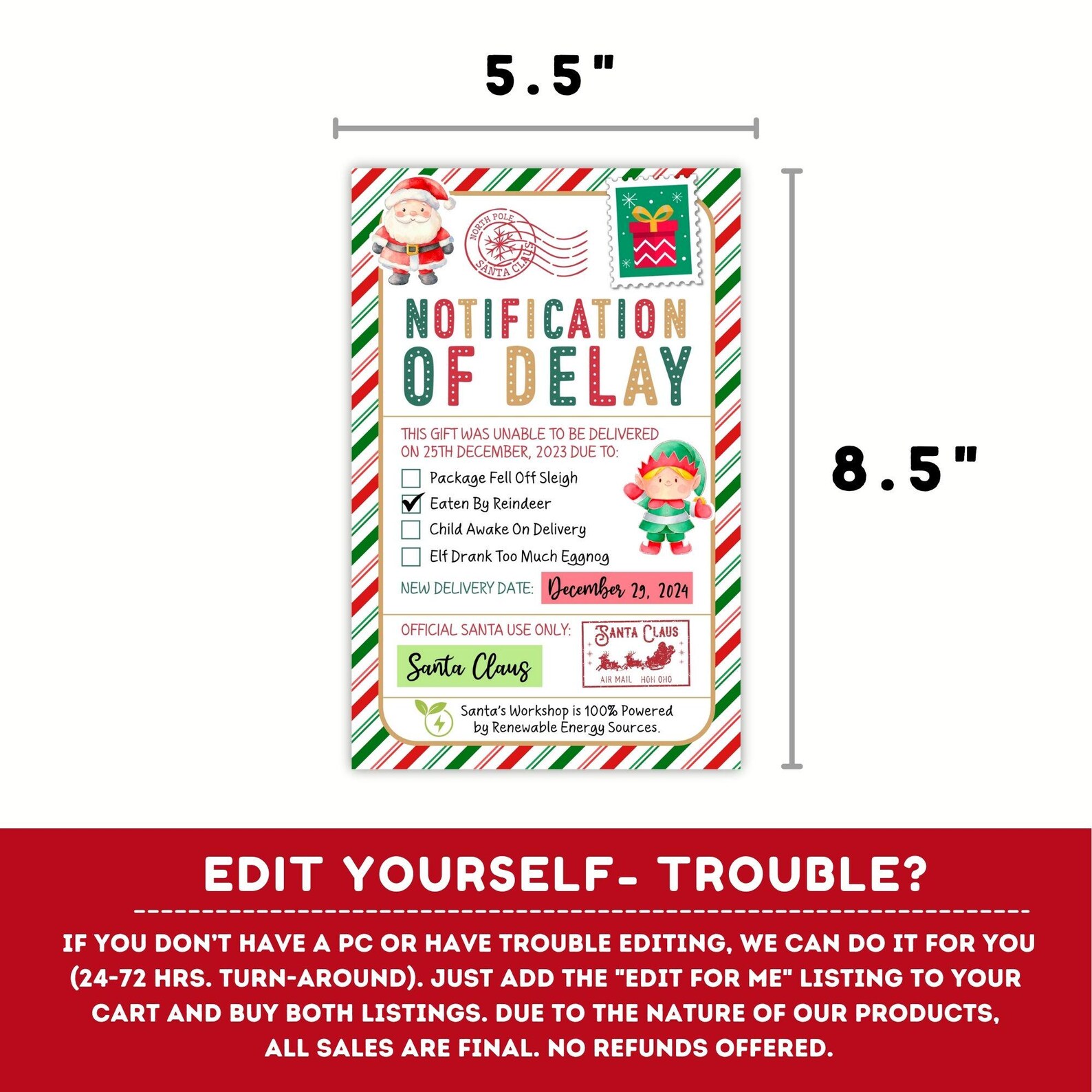 EDITABLE Notification of Delay Label | Christmas Gift Delay ...