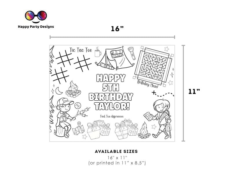 Editable Camping Birthday Coloring Page | Placemat Activity Page | Any ...