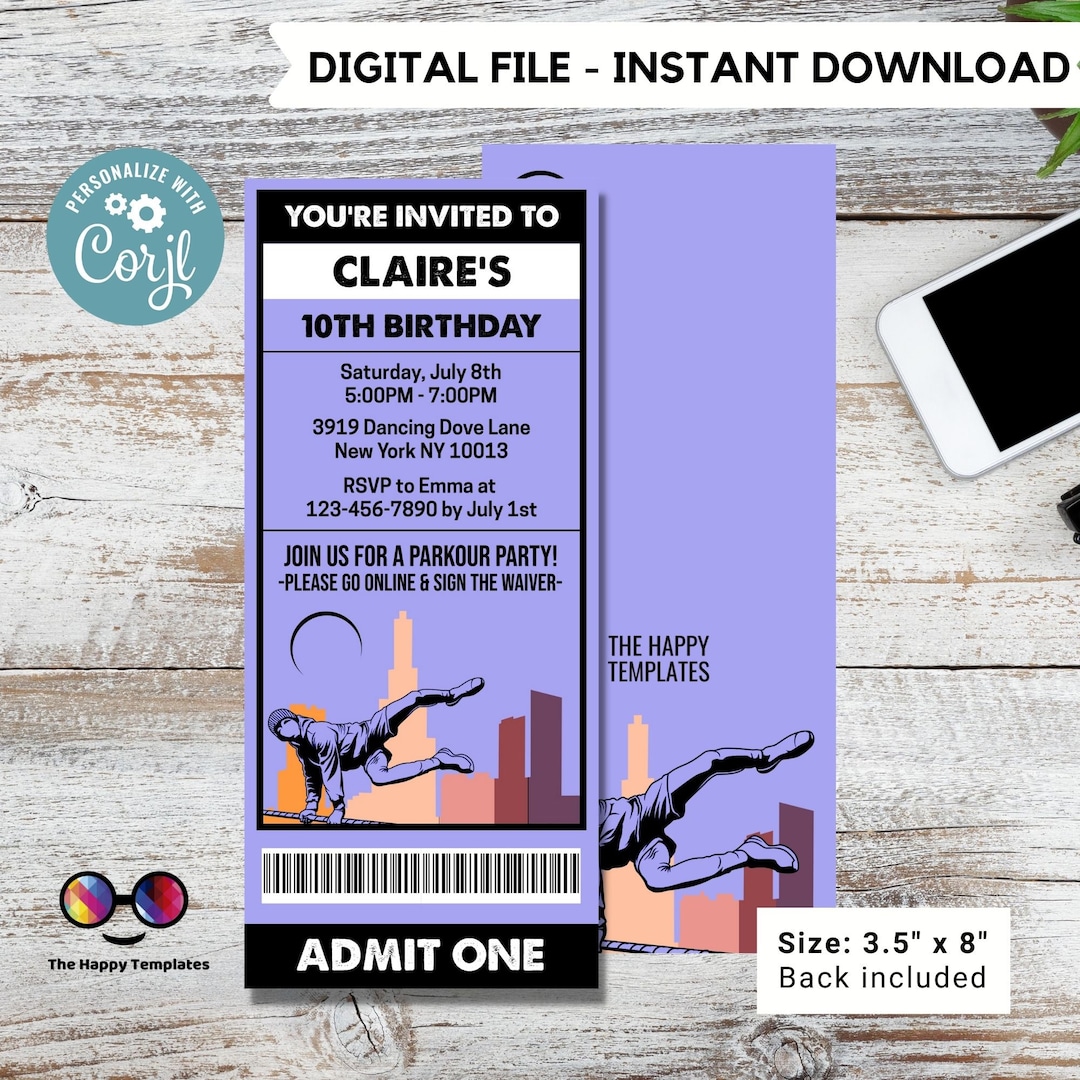 Editable Parkour Party Invitation | Digital Parkour Printable Ticket ...