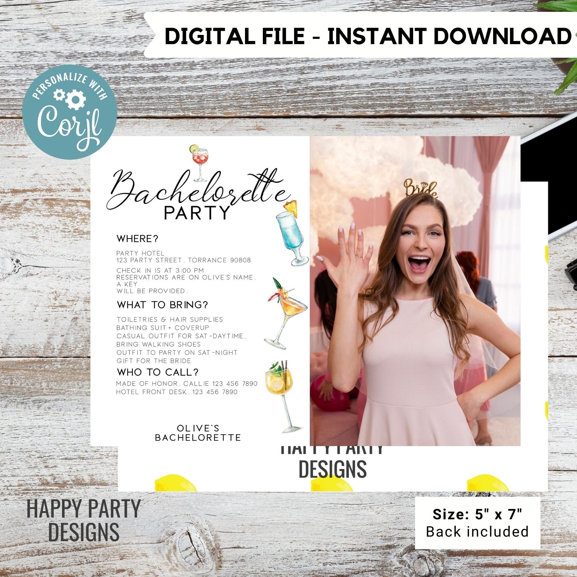 Editable Minimalist Cocktails Bach Invitation With Photo - Etsy