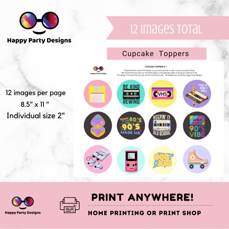 90s Cupcake Toppers Purple 2 | Retro Birthday | Cupcake Toppers ...