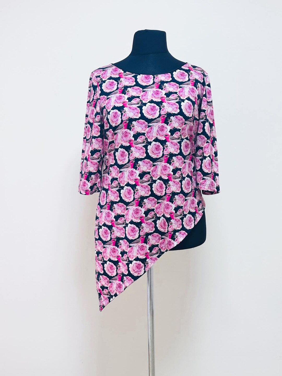 Woman Blouse With Pink Rose Print/floral Cotton Jersey Blouse/oeko Tex ...