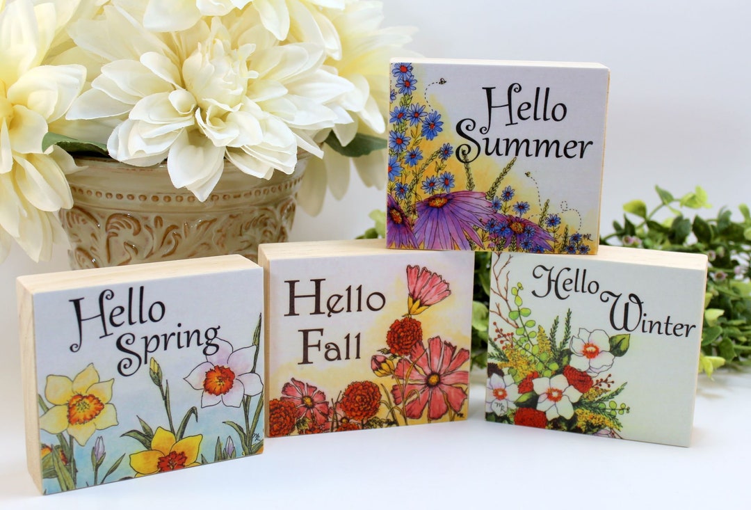 Hello Seasons - Set of 4 Wooden Blocks, Home Decor, Spring, Summer ...