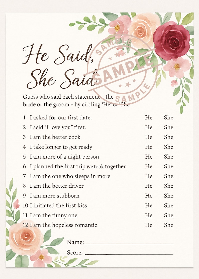 He Said, She Said - Bridal Shower Game Printable PDF Download - Etsy