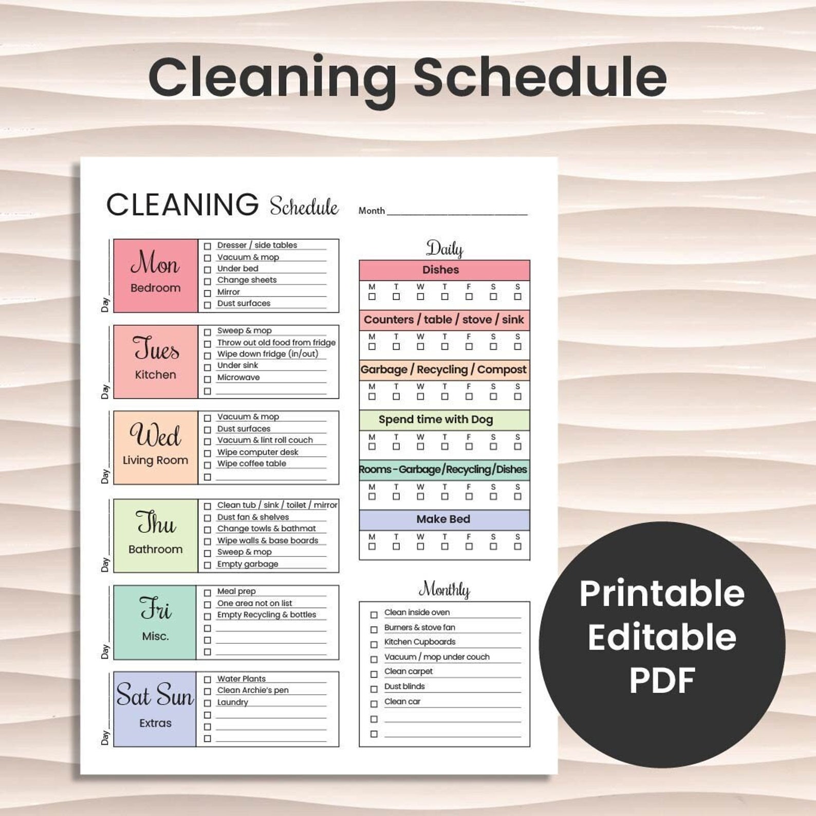 Editable Chore Chart for Couples & Families Instant Download Daily ...