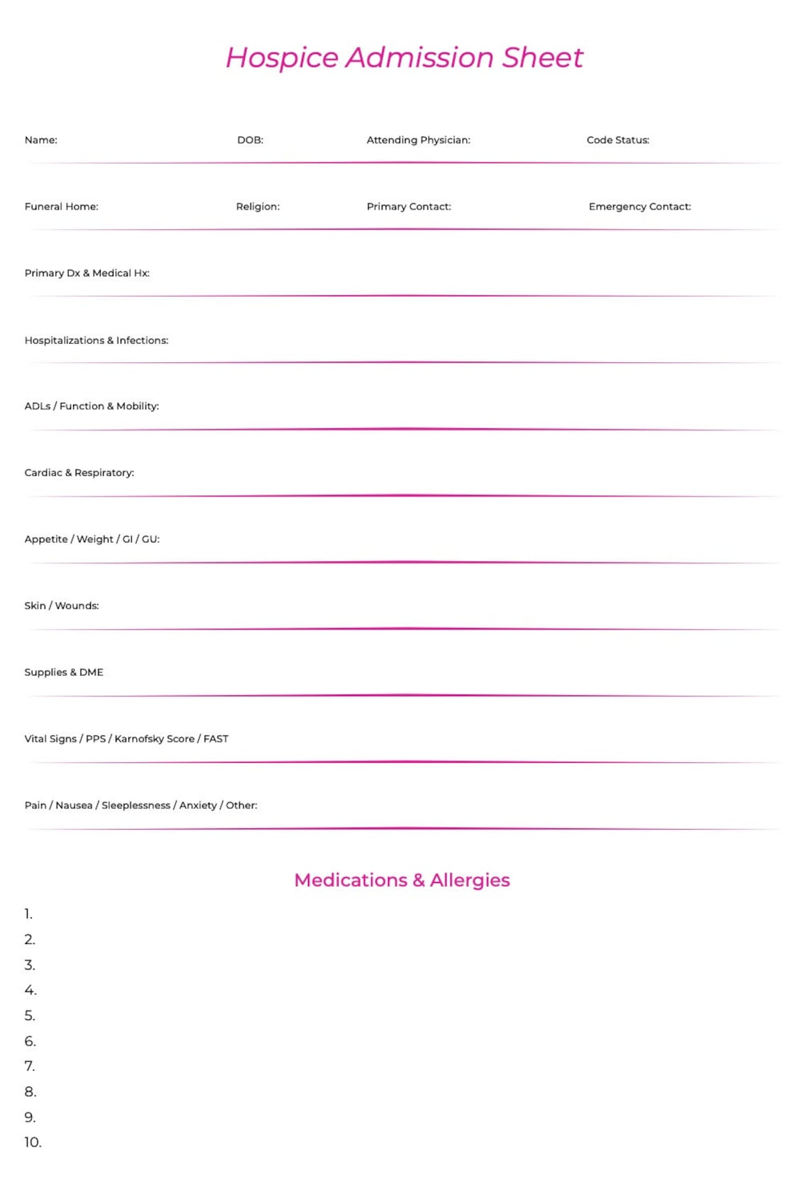 Printable Hospice Admission Sheet Template for RN Case Managers the ...