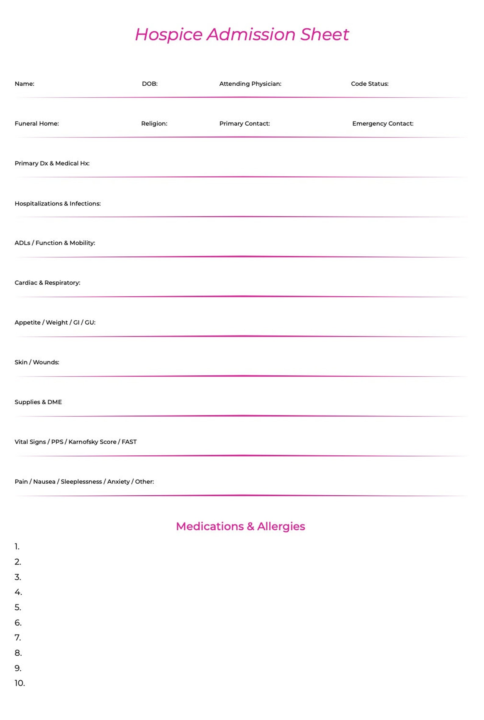 Printable Hospice Admission Sheet Template for RN Case Managers the ...