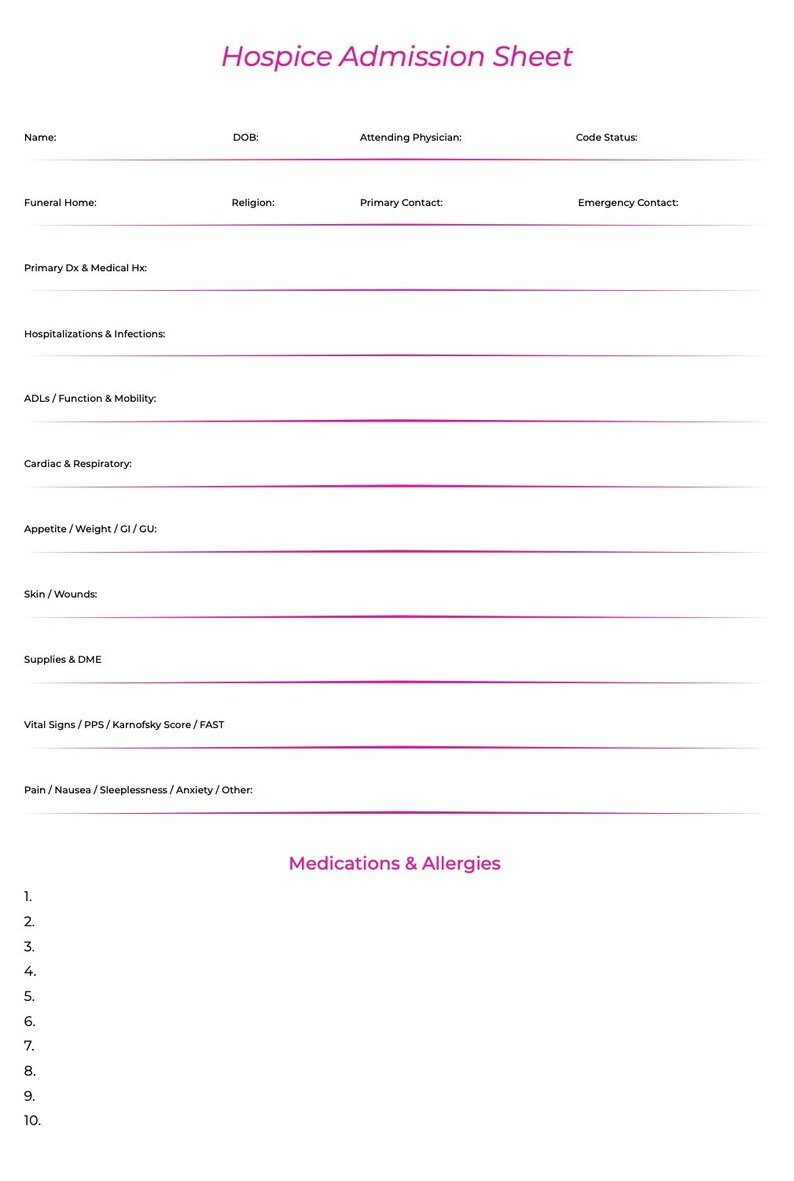 Printable Hospice Admission Sheet Template for RN Case Managers the ...