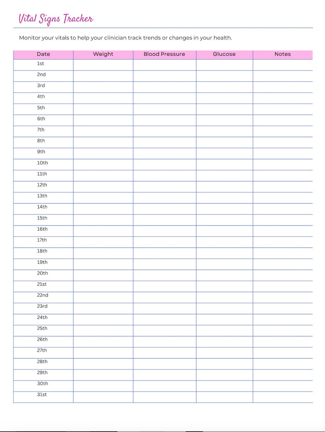 Printable Essential Vital Signs Tracker Template for Hospice and Home ...