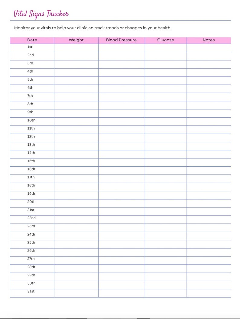 Printable Essential Vital Signs Tracker Template for Hospice and Home ...