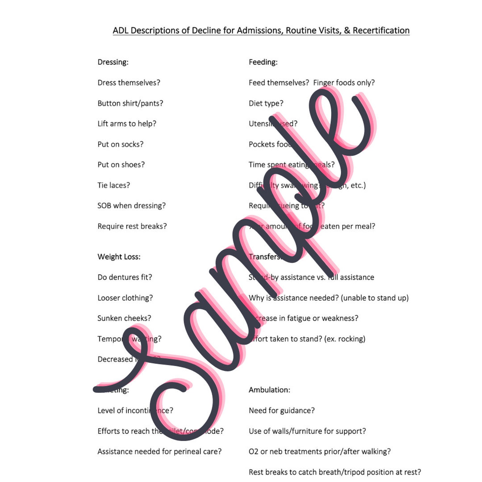 Hospice ADL Justification Template: Admissions & Recertifications ...