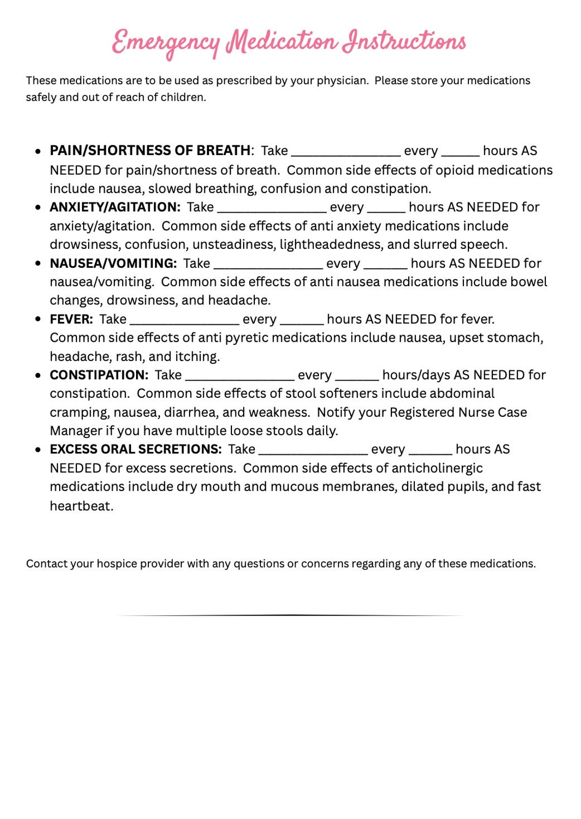 Printable Hospice Emergency Medication Education Template for ...