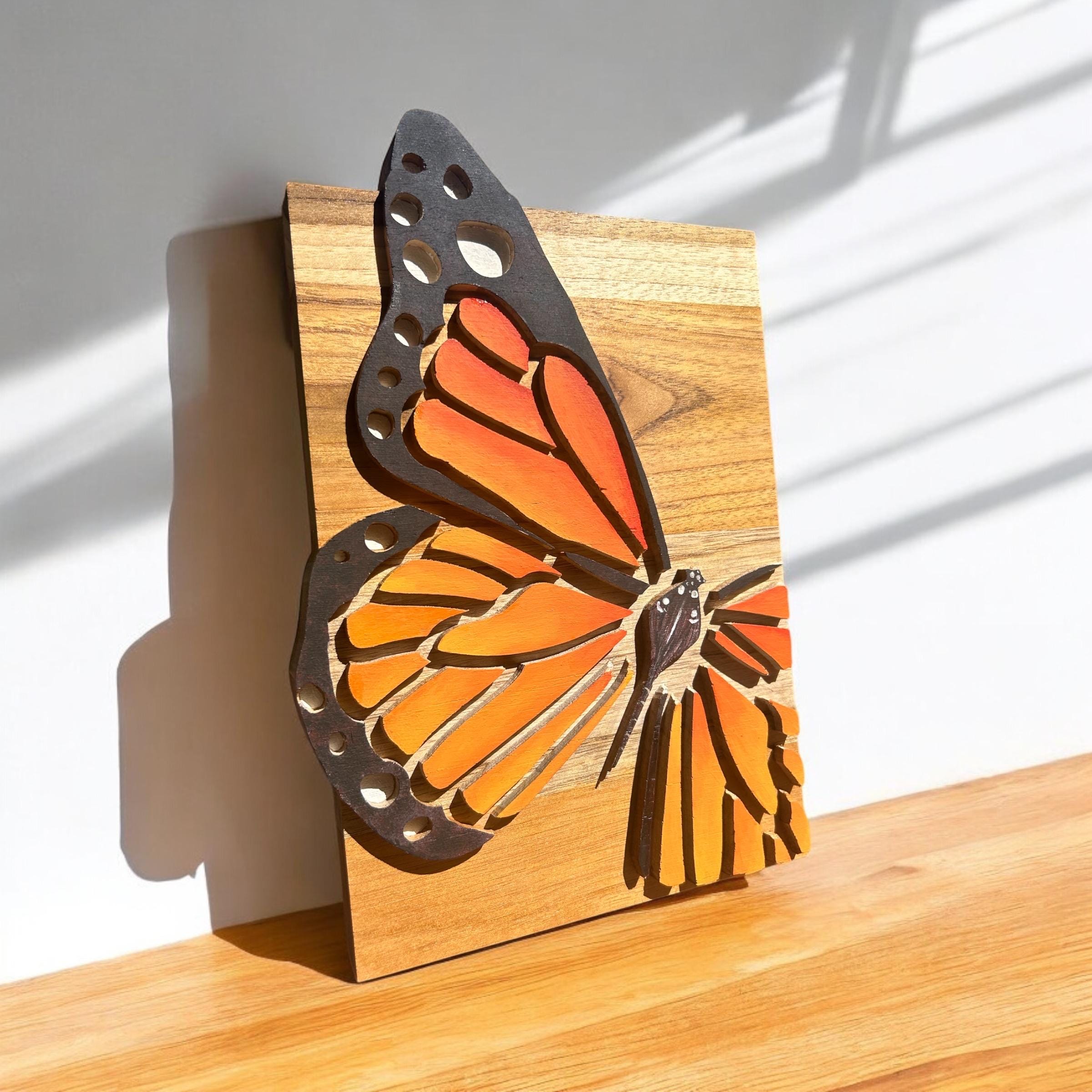 Wooden Hand-painted Butterfly Wall Art, Monarch Butterfly Wood Carving ...