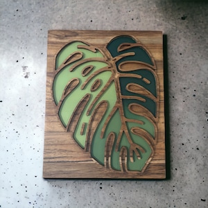 Wooden Monstera Leaf Wall Art, Mid-century Hand-painted Monstera, Mid ...