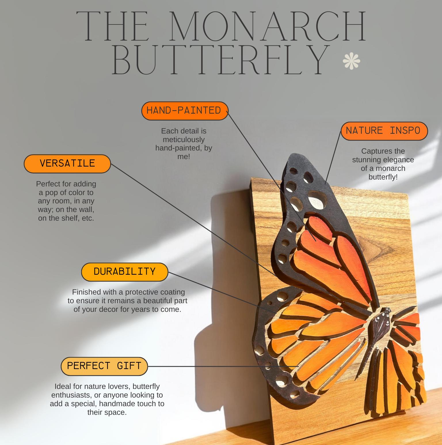 Wooden Hand-painted Butterfly Wall Art, Monarch Butterfly Wood Carving ...