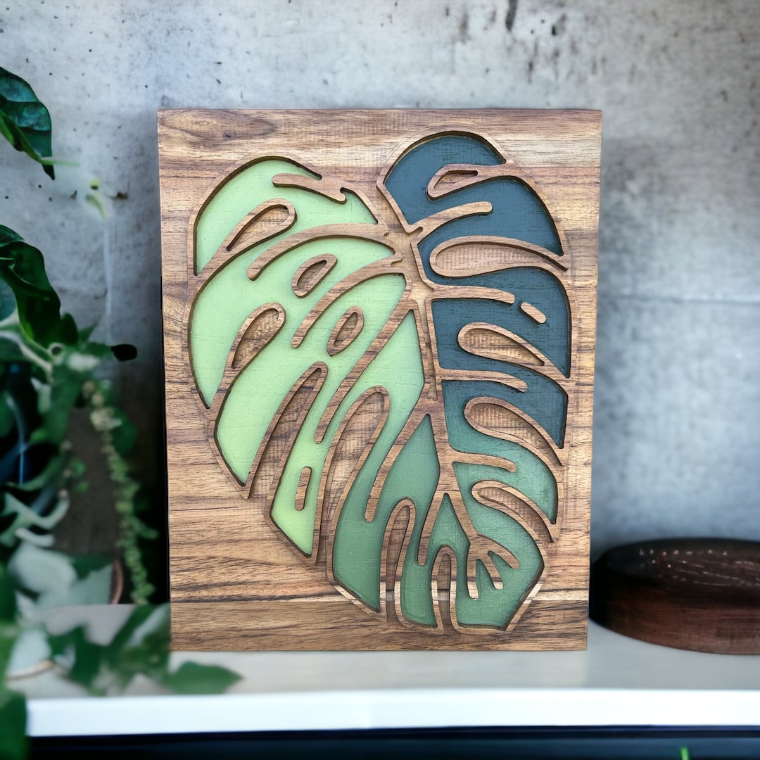 Wooden Monstera Leaf Wall Art, Mid-century Hand-painted Monstera, Mid ...
