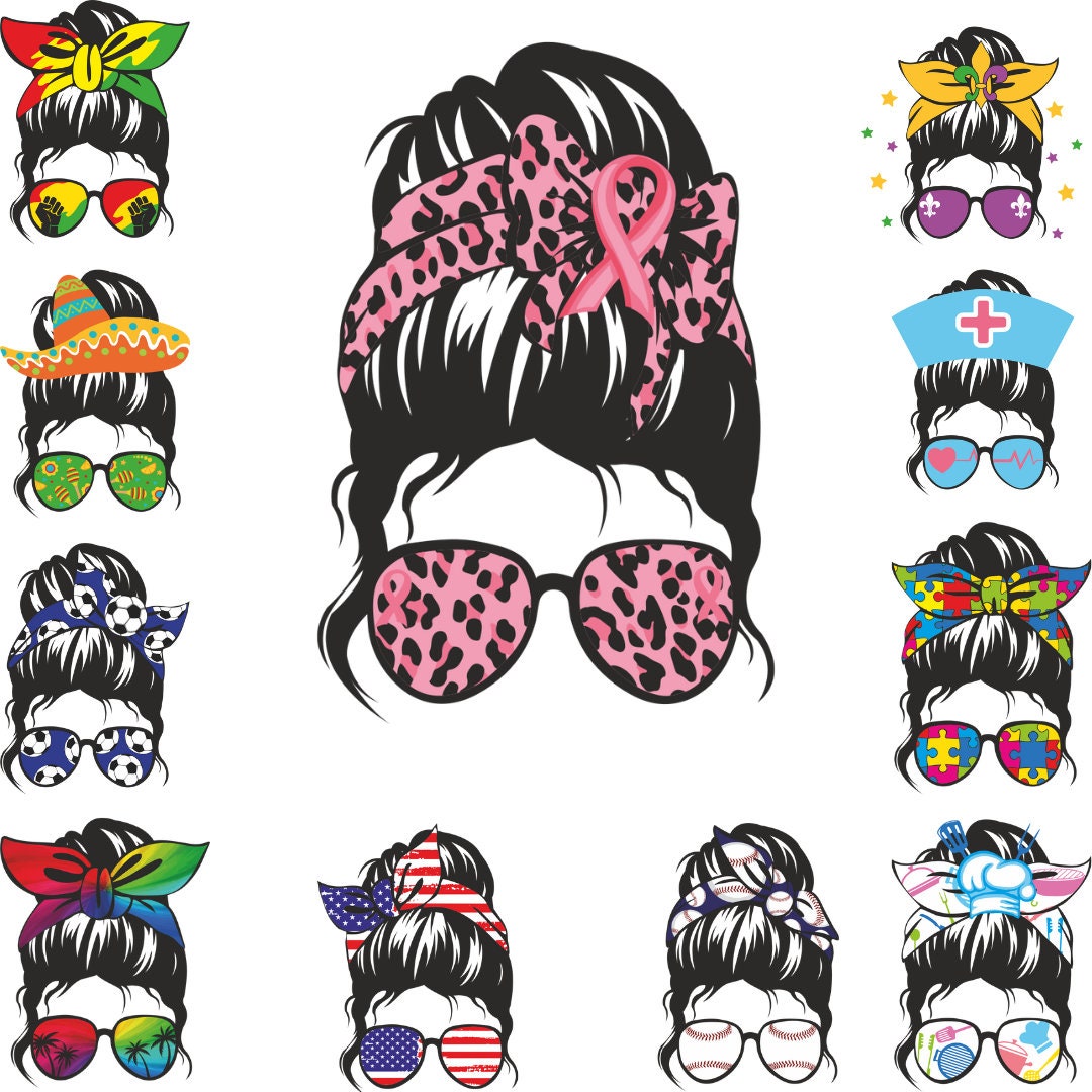 Messy Bun Design SVG DXF EPS Package of 15, Girl With Sunglasses Svg ...