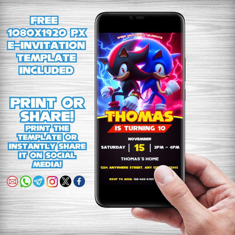 Ultimate Speed Sonic Shadow Birthday Invitation | Sonic the Hedgehog ...