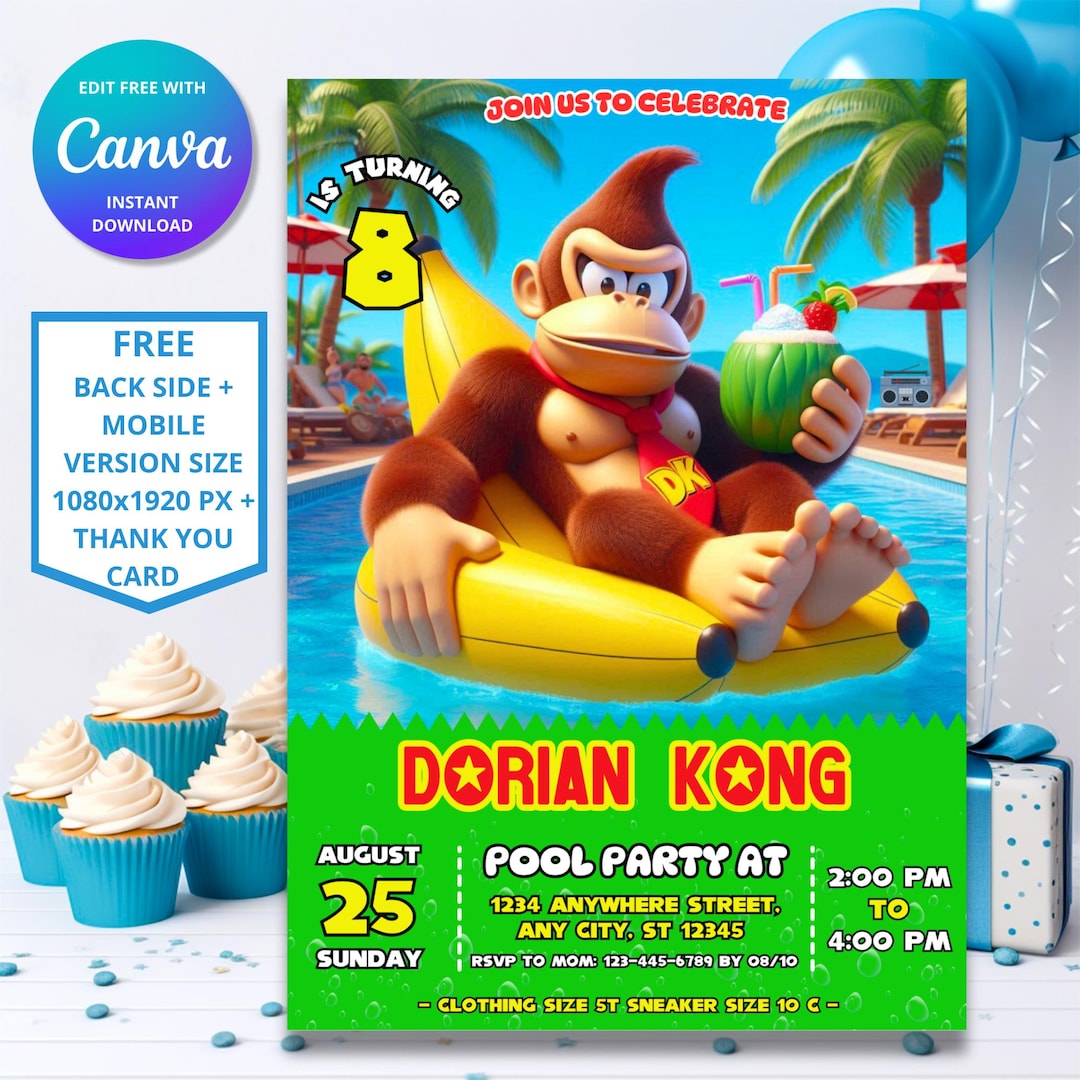 Donkey Kong Pool Party Invitation | Super Mario Birthday (digital ...