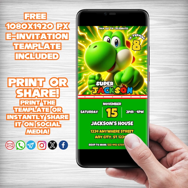 Yoshi Birthday Invitation | Super Mario Party Template (digital) - Etsy