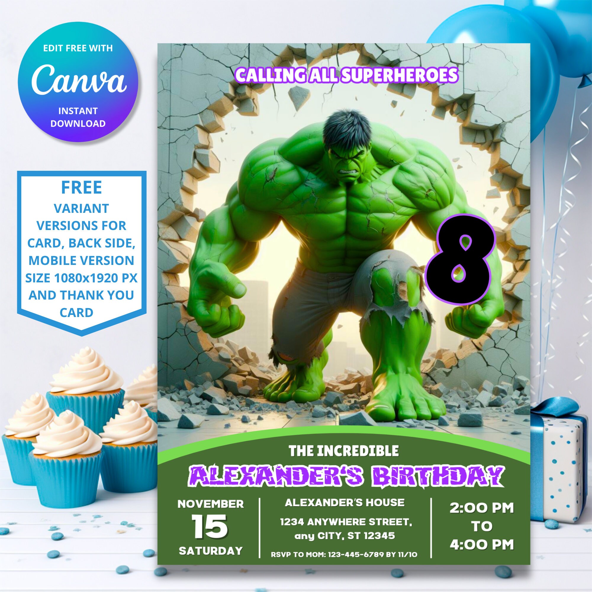 Editable Hulk Birthday Invitation Hulk Theme Party Superhero Birthday ...