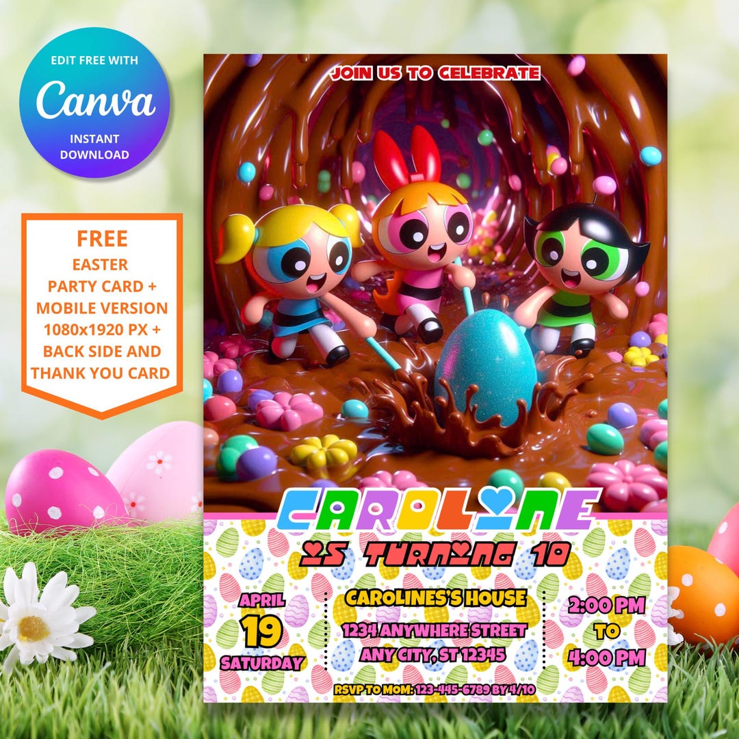 Editable Powerpuff Girls Easter Birthday Invitation | Powerpuff Girls ...