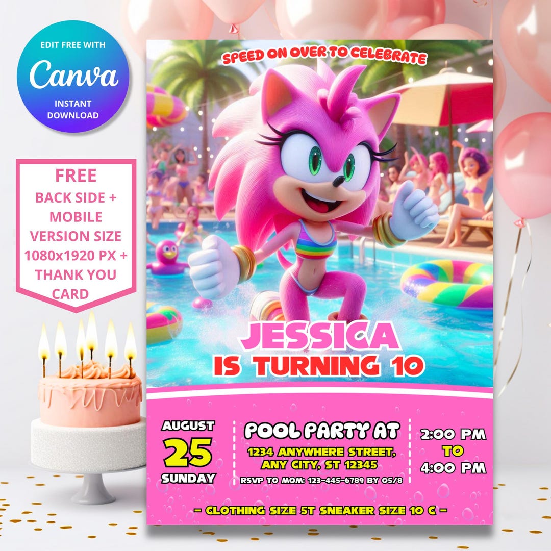 Amy Rose Pool Party Birthday Invitation | Sonic the Hedgehog Theme ...