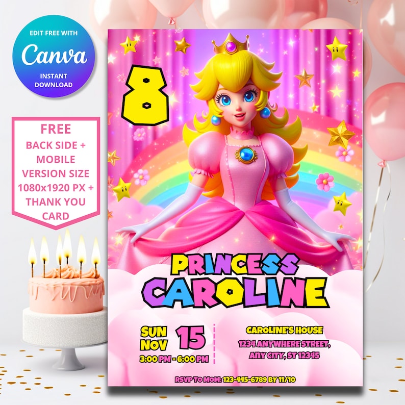 Princess Peach Birthday Invitation | Editable Mario Template (digital ...