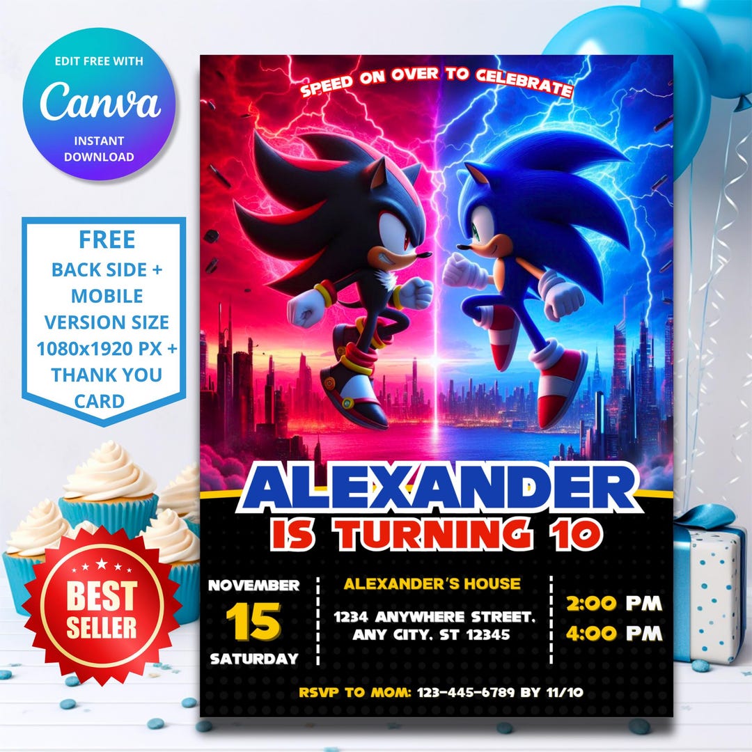 Ultimate Speed Sonic Shadow Birthday Invitation | Sonic the Hedgehog ...