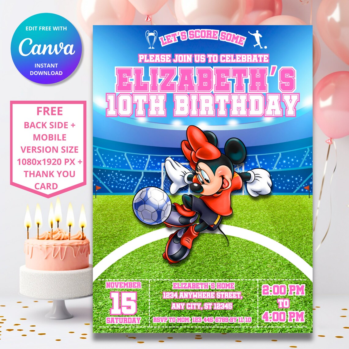 Minnie Mouse Soccer Party Digital Invitation Set With FREE Thank You ...
