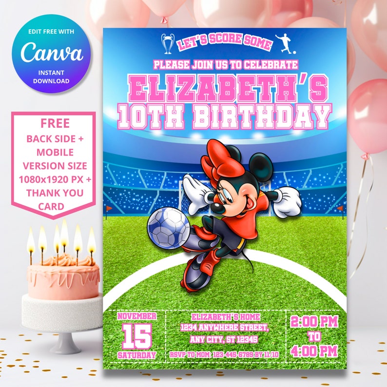 Minnie Mouse Soccer Party Digital Invitation Set With FREE Thank You ...