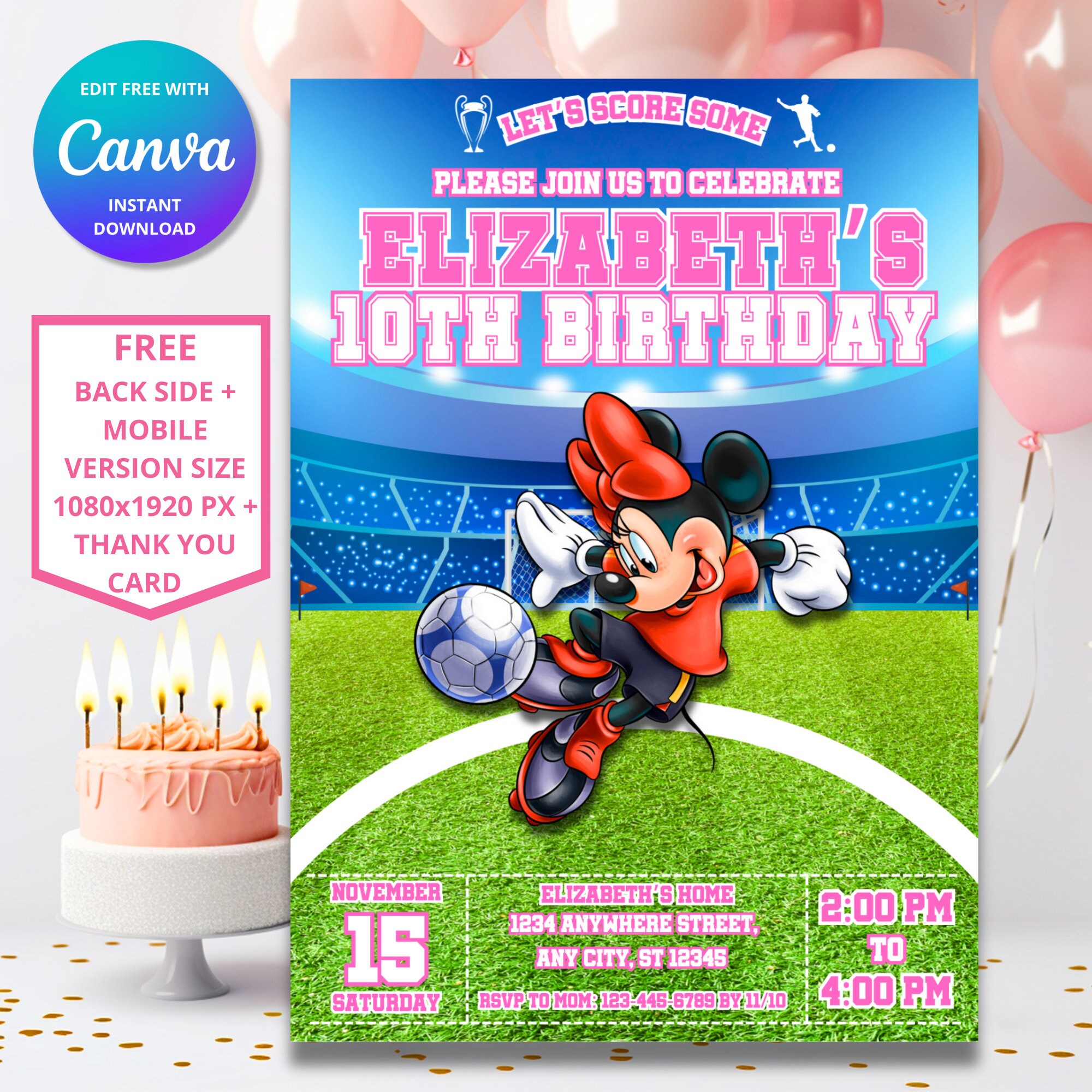 Minnie Mouse Soccer Party Digital Invitation Set With FREE Thank You ...