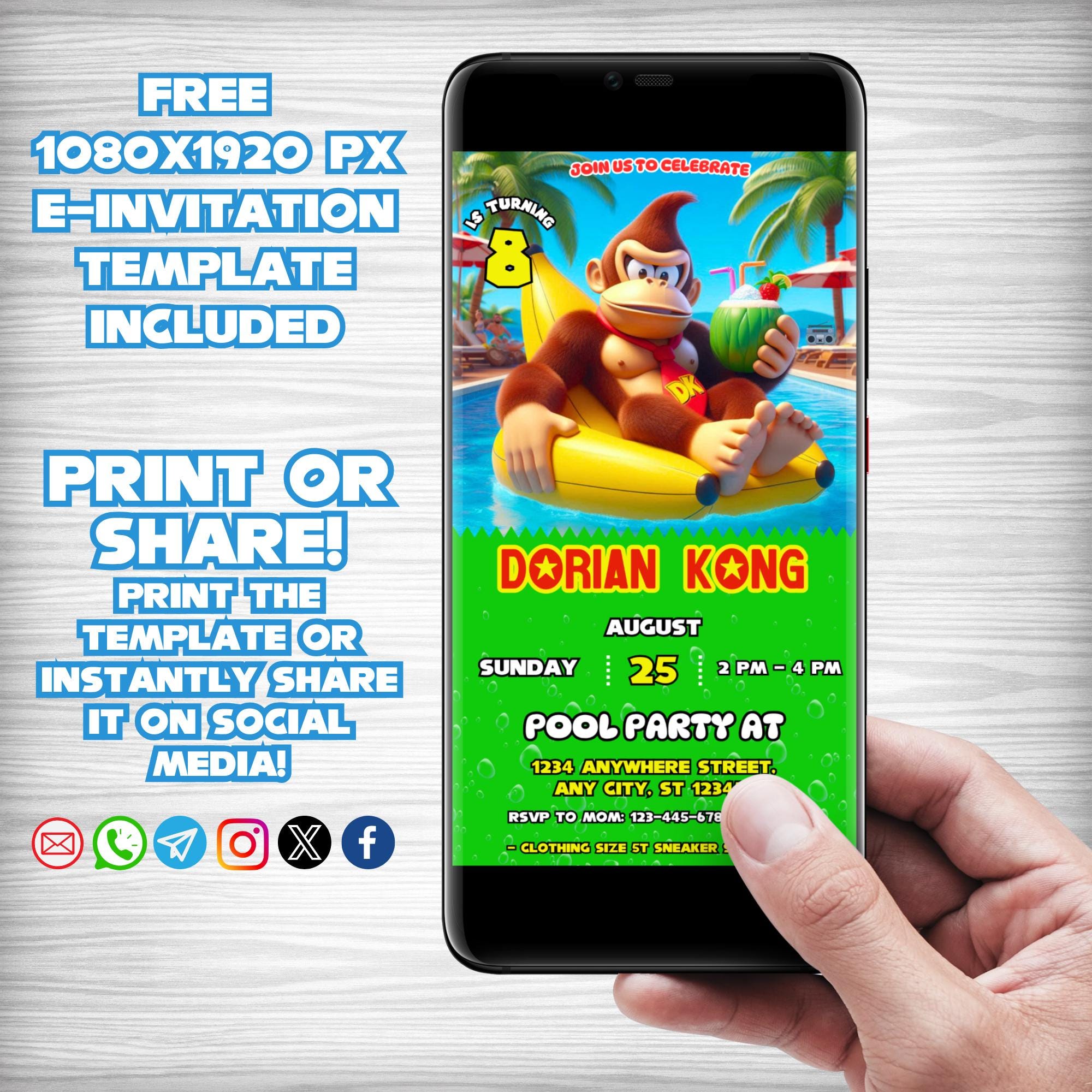 Donkey Kong Pool Party Birthday Invitation | Super Mario Birthday ...