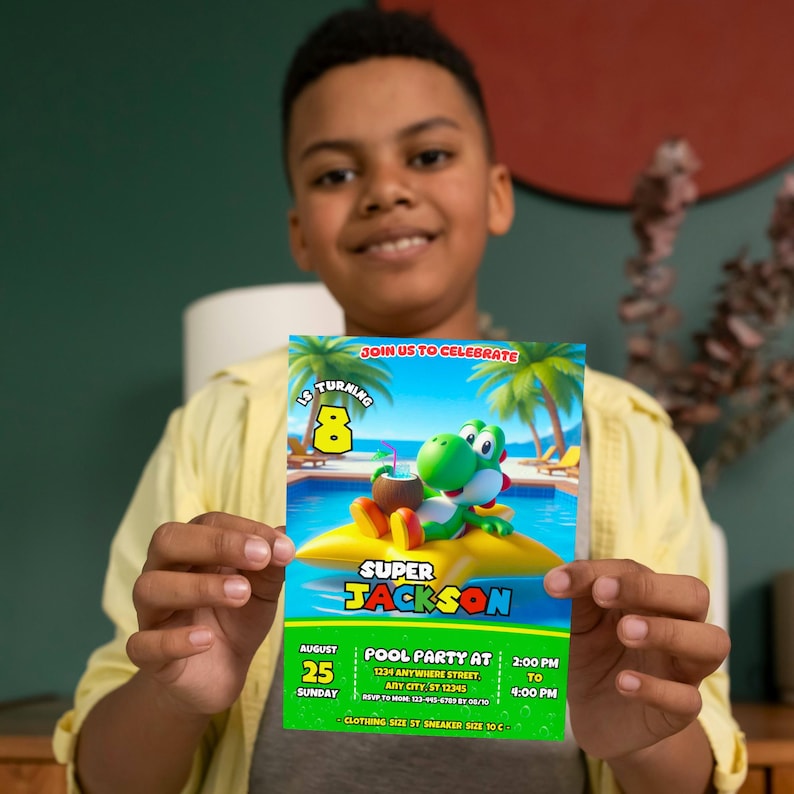 Yoshi Pool Party Invitation | Super Mario Birthday (editable Printable ...