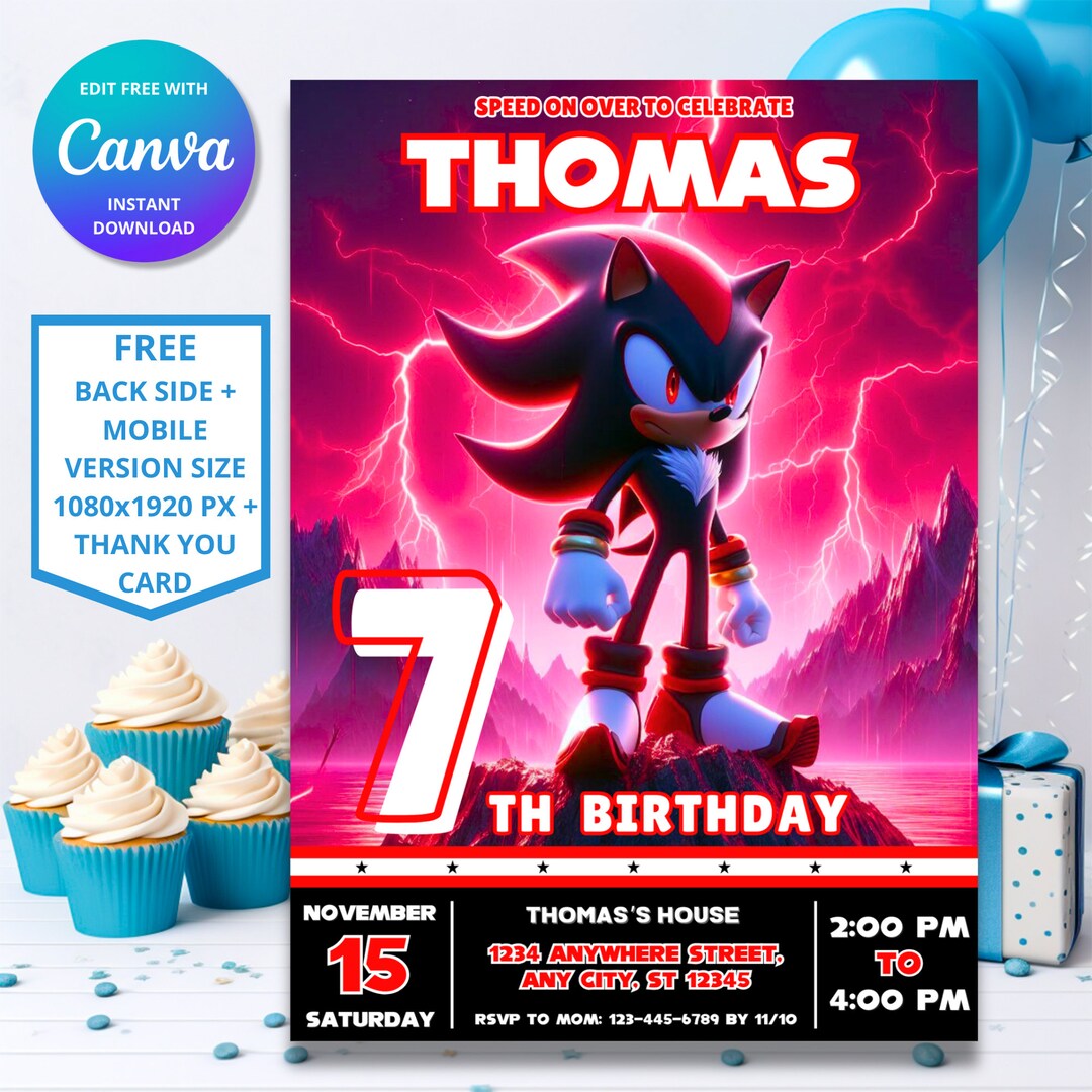 Ultimate Speed Sonic Shadow Birthday Invitation Sonic the Hedgehog ...