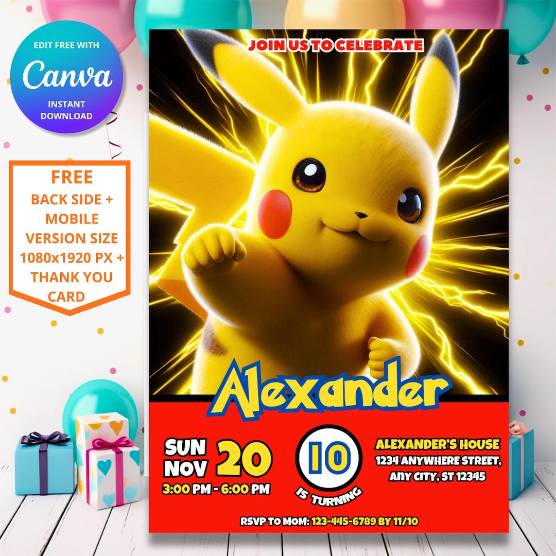 Pikachu Birthday Invitation | Pokemon Party Template (digital) - Etsy