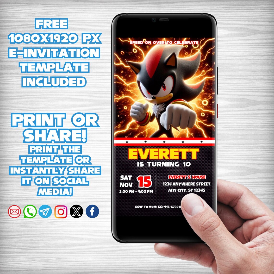 Ultimate Speed Sonic Shadow Birthday Invitation Sonic the Hedgehog ...