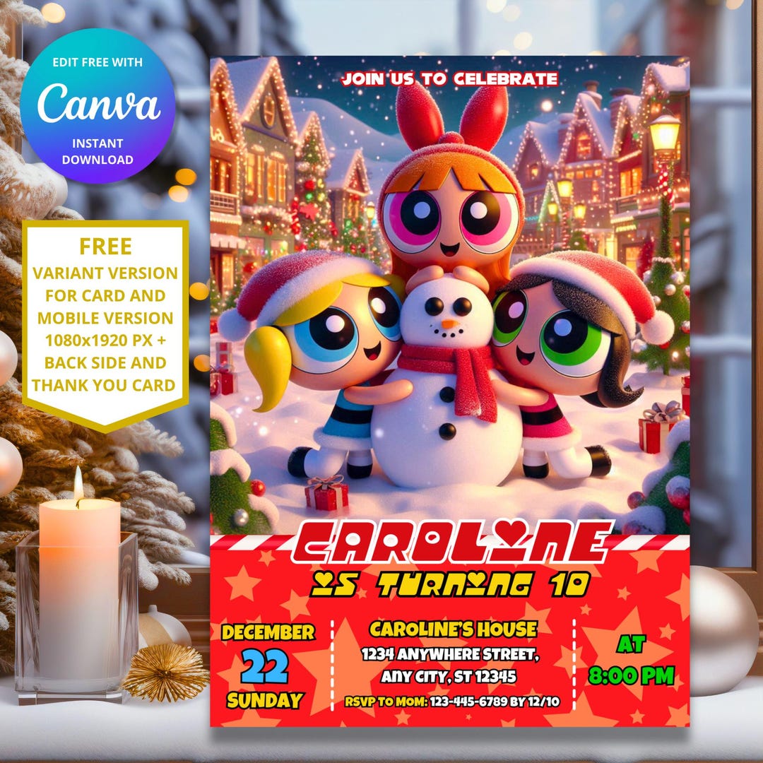 Editable Powerpuff Girls Christmas Birthday Invitation | Powerpuff ...