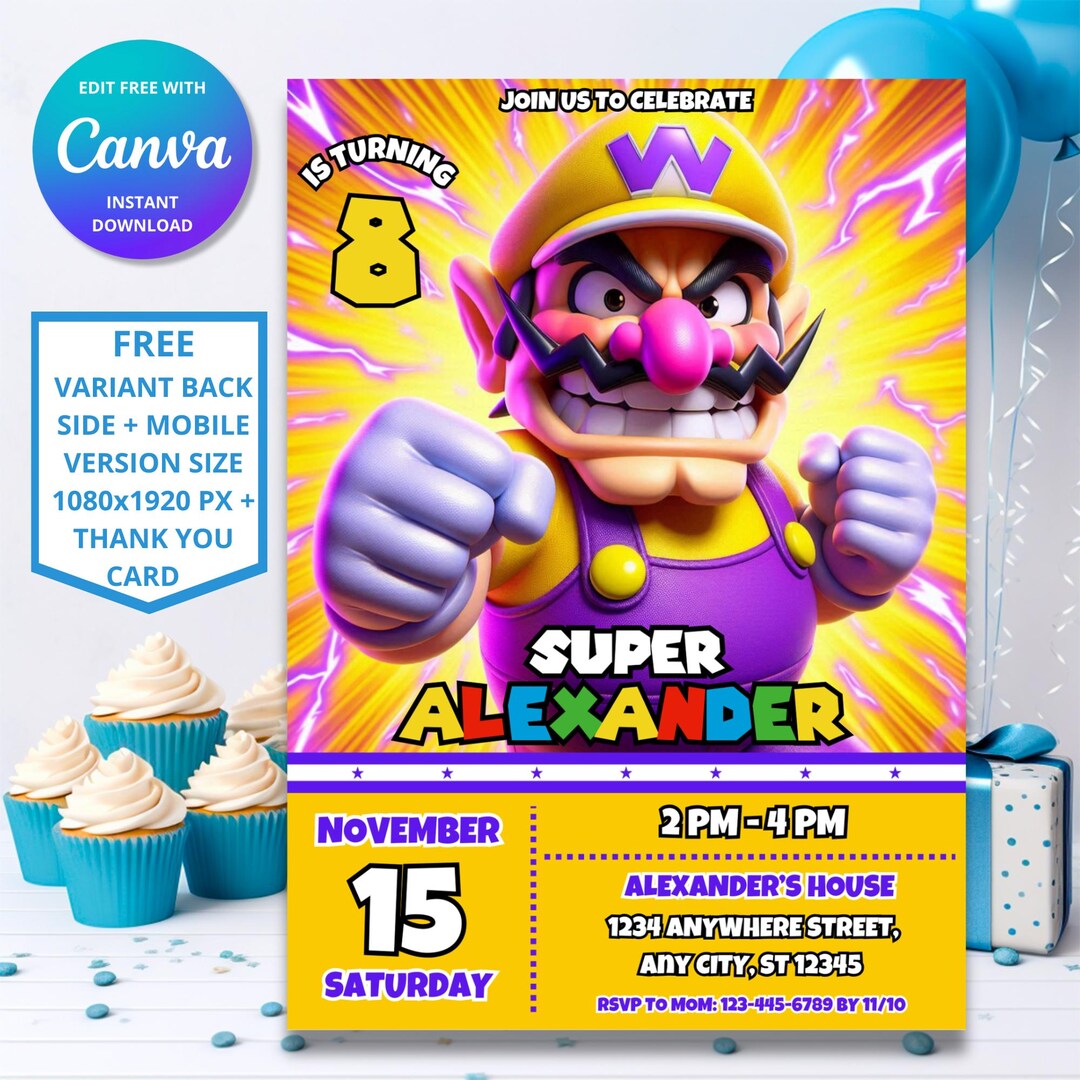 Wario Birthday Invitation | Super Mario Birthday Invitation | Editable ...
